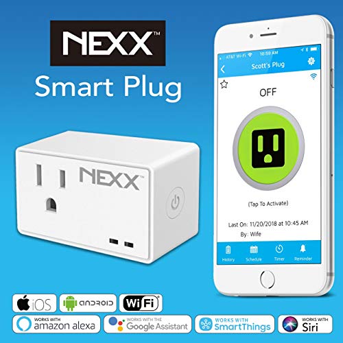 NEXX NXPG-100W WiFi Smart Plug with Geofencing Technology Control, Schedule and Monitor Appliances, TVs, Lamps, and More Using Smartphone, Siri, Amazon Alexa, Google Assistant. No Hub Required, White