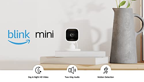 Blink Mini – Compact indoor plug-in smart security camera, 1080p HD video, night vision, motion detection, two-way audio, easy set up, Works with Alexa – 2 cameras (White)