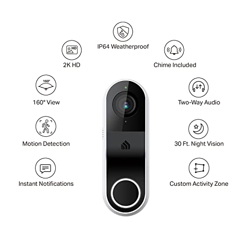 Kasa Smart Video Doorbell Camera Hardwired w/ Chime, 3MP 2K Resolution, 2-Way Audio, Real-Time Notification, Cloud & SD Card Storage, Alexa & Google Assistant Compatible (KD110), White, Black