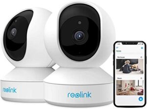 reolink home security camera system, 3mp hd plug-in indoor wifi camera, pan tilt pet camera, baby monitor, night vision, 2 way audio, motion alerts, local sd card storage, e1(2 pack)