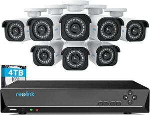 reolink 4k security camera system, rlk16-800b8 8pcs h.265 4k poe security cameras wired with person vehicle detection, 8mp/4k 16ch nvr with 4tb hdd for 24-7 recording