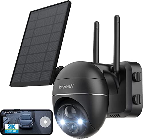 ieGeek Security Cameras Wireless Outdoor, 2K Solar Security Camera System 360° PTZ with Spotlight & Siren, 2.4Ghz Outdoor Security Cameras,Color Night Vision, Work with Alexa, PIR, 2-Way Talk, IP65