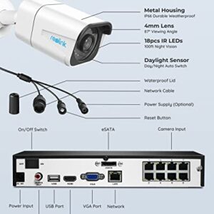 REOLINK 4K Security Camera System, 6pcs H.265 PoE Wired Bullet 4K Cameras with Person Vehicle Detection, 4K/8CH NVR Recorder with 2TB HDD for 24-7 Recording, RLK8-800B6