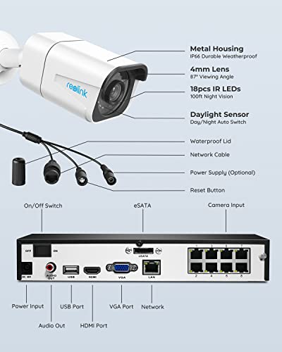 REOLINK 4K Security Camera System, 6pcs H.265 PoE Wired Bullet 4K Cameras with Person Vehicle Detection, 4K/8CH NVR Recorder with 2TB HDD for 24-7 Recording, RLK8-800B6