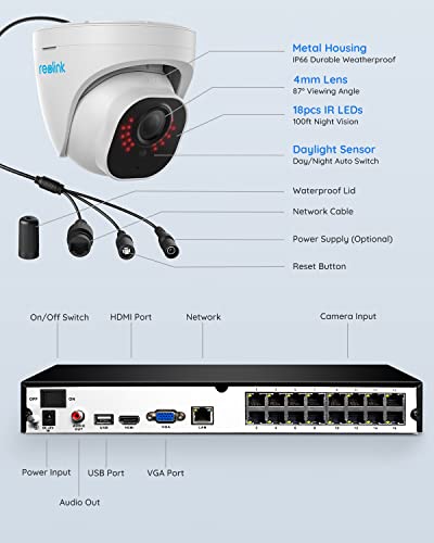 REOLINK 4K Security Camera System, RLK16-800D8, 8pcs H.265 4K PoE Security Cameras Wired with Person Vehicle Detection, 8MP/4K 16CH NVR with 4TB HDD for 24-7 Recording