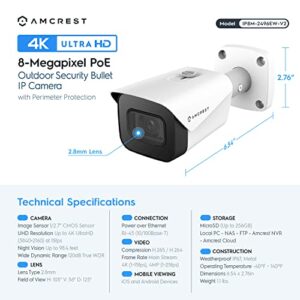 Amcrest UltraHD 4K (8MP) Outdoor Bullet POE IP Camera, 3840x2160, 98ft NightVision, 2.8mm Lens, IP67 Weatherproof, MicroSD Recording, White (IP8M-2496EW-V2)