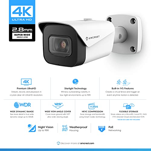 Amcrest UltraHD 4K (8MP) Outdoor Bullet POE IP Camera, 3840x2160, 98ft NightVision, 2.8mm Lens, IP67 Weatherproof, MicroSD Recording, White (IP8M-2496EW-V2)