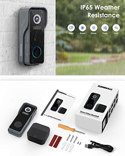 ZUMIMALL 2K FHD Doorbell Camera Wireless, WiFi Video Doorbell Camera with Chime, IP66 Waterproof, Motion Detection, Night Vision, 2-Way Audio, Local & Cloud Storage, 2.4G WiFi, 30s Voice Message