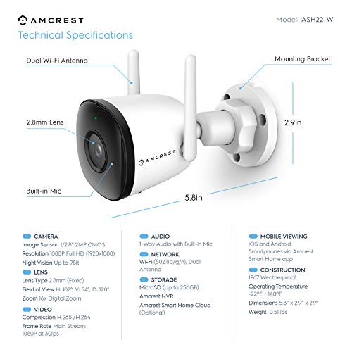 Amcrest 1080P WiFi Camera Outdoor, Smart Home 2MP Bullet IP Security Camera Outdoor Wireless, 98ft Nightvision, Built-in Mic, 102° FOV, 256GB MicroSD Storage (Sold Separately), ASH22-W (Wired Power)