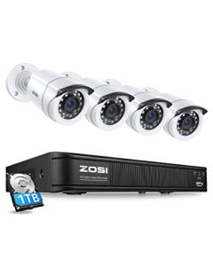 zosi h.265+1080p home security camera system,5mp-lite 8 channel cctv dvr recorder with hard drive 1tb and 4 x 1080p weatherproof bullet camera outdoor indoor with 80ft night vision, motion alerts