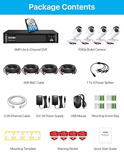 ZOSI H.265+1080p Home Security Camera System,5MP-Lite 8 Channel CCTV DVR Recorder with Hard Drive 1TB and 4 x 1080p Weatherproof Bullet Camera Outdoor Indoor with 80ft Night Vision, Motion Alerts