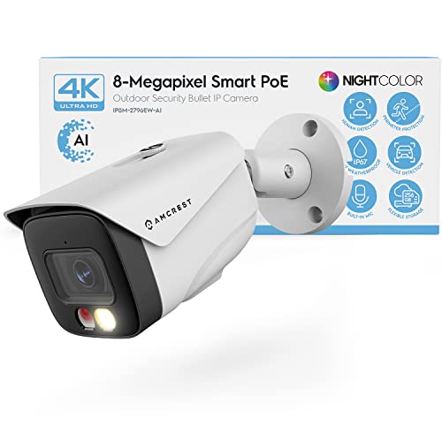 Amcrest 4K IP PoE AI Camera UltraHD 8MP Security Outdoor Camera, FOV 129°, 49ft Color Nightvision, Human & Vehicle Detection, IP67 Weatherproof, 4K (3840x2160) @15fps, White, IP8M-2796EW-AI