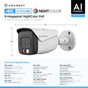 Amcrest 4K IP PoE AI Camera UltraHD 8MP Security Outdoor Camera, FOV 129°, 49ft Color Nightvision, Human & Vehicle Detection, IP67 Weatherproof, 4K (3840x2160) @15fps, White, IP8M-2796EW-AI