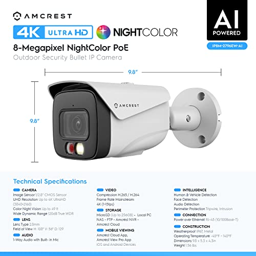 Amcrest 4K IP PoE AI Camera UltraHD 8MP Security Outdoor Camera, FOV 129°, 49ft Color Nightvision, Human & Vehicle Detection, IP67 Weatherproof, 4K (3840x2160) @15fps, White, IP8M-2796EW-AI