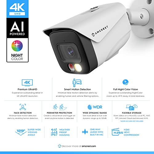 Amcrest 4K IP PoE AI Camera UltraHD 8MP Security Outdoor Camera, FOV 129°, 49ft Color Nightvision, Human & Vehicle Detection, IP67 Weatherproof, 4K (3840x2160) @15fps, White, IP8M-2796EW-AI