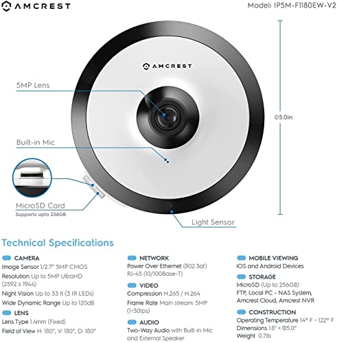 Amcrest Fisheye IP POE Camera, 360° Panoramic 5-Megapixel POE IP Camera, Fish Eye Security Indoor Camera, 33ft Nightvision, IVS Features and People Counting, MicroSD Recording, IP5M-F1180EW-V2 (White)