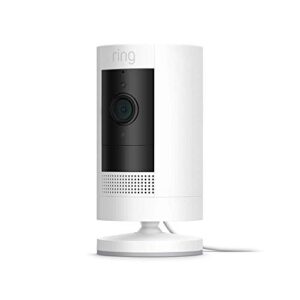 ring stick up cam plug-in hd security camera with two-way talk, works with alexa – white