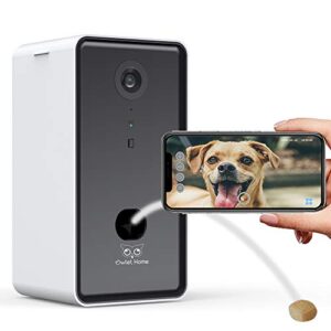 owlet home pet camera with treat dispenser tossing for dogs/cats, 2.4ghz & 5ghz wifi, 1080p camera, live video, auto night vision, 2-way audio, compatible with alexa, pre-recorded voice message