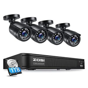 zosi h.265+1080p home security camera system,8 channel 5mp lite surveillance dvr with hard drive 1tb and 4 x 1080p weatherproof cctv bullet camera outdoor indoor with 80ft night vision, motion alerts