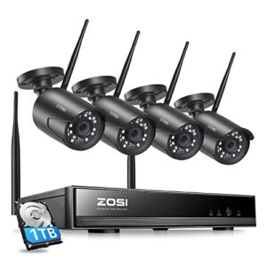 zosi 2k 3mp wireless security camera system outdoor indoor, 4 x 3mp wifi ip camera and h.265+ 8ch nvr with 1tb hard drive for 24/7 recording, night vision, motion alert, remote control