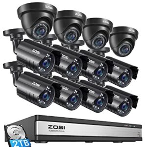 ZOSI 16CH 1080P Security Camera System with 2TB Hard Drive,H.265+ 16Channel 1080P HD-TVI DVR with 12PCS 1080P Outdoor Indoor Surveillance Cameras, 80ft Night Vision, Motion Detection,Remote Access