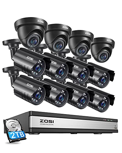 ZOSI 16CH 1080P Security Camera System with 2TB Hard Drive,H.265+ 16Channel 1080P HD-TVI DVR with 12PCS 1080P Outdoor Indoor Surveillance Cameras, 80ft Night Vision, Motion Detection,Remote Access