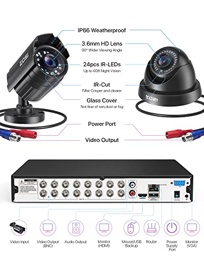 ZOSI 16CH 1080P Security Camera System with 2TB Hard Drive,H.265+ 16Channel 1080P HD-TVI DVR with 12PCS 1080P Outdoor Indoor Surveillance Cameras, 80ft Night Vision, Motion Detection,Remote Access