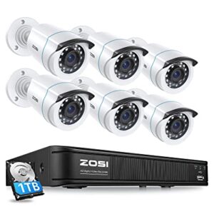 ZOSI 1080p Home Security Camera System Outdoor Indoor, H.265+ 5MP Lite CCTV DVR Recorder 8 Channel with Hard Drive 1TB and 6 x 1080p Weatherproof Surveillance Bullet Camera, 80ft Night Vision