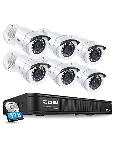 ZOSI 1080p Home Security Camera System Outdoor Indoor, H.265+ 5MP Lite CCTV DVR Recorder 8 Channel with Hard Drive 1TB and 6 x 1080p Weatherproof Surveillance Bullet Camera, 80ft Night Vision