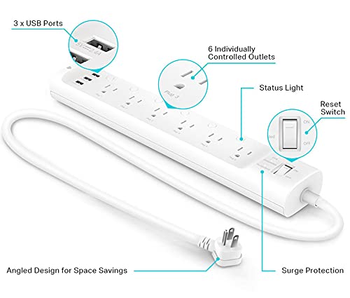 Kasa Smart Plug Power Strip HS300, Surge Protector with 6 Individually Controlled Smart Outlets and 3 USB Ports, Works with Alexa & Google Home, No Hub Required , White