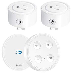 loratap mini remote control outlet plug adapter with remote, 656ft range wireless light switch for household appliances, no hub required, 10a/1100w, white, 2 years warranty (one remote + 2 outlets)