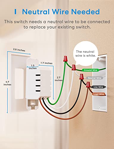 Smart Dimmer Switch Single Pole, Meross Smart 2.4GHz WiFi Light Switch for Dimmable LED, Compatible with Alexa Google Assistant and SmartThings, Neutral Wire Required, Remote Control Schedule,1 Pack