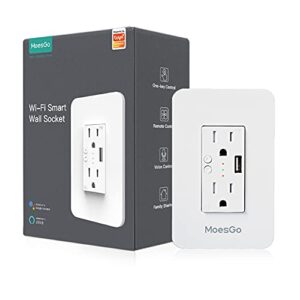 moesgo smart power wall outlet with usb, wifi socket with 2 plug outlets 15 amp divided control, smart life/tuya app remote controller, etl certified, work with alexa and google home, no hub required