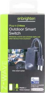 enbrighten z-wave plus smart outdoor switch, 1-outlet plug-in (2nd gen.), weather-resistant, works with alexa, google assistant, for landscape & seasonal lighting, zwave hub required, 14298,black