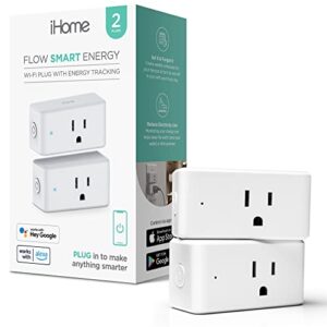 ihome flow smart plug with energy monitoring and timer function, wireless wi-fi outlet socket with on/off button, no hub required, compatible with alexa, echo, and google home, 2-pack