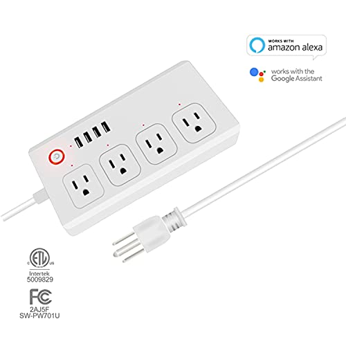 WiFi Smart Power Strip,WiFi Smart Plug Extension Lead, 4 AC Outlets and 4 USB Charging Port,10Amp,Compatible with Alexa/Google Home, No Hub Required,ETL Listed ,FCC Certified