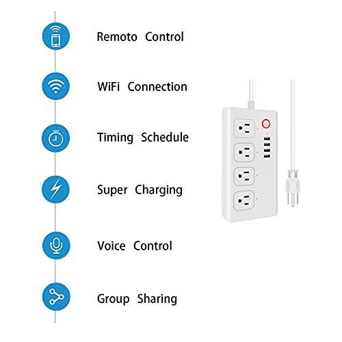 WiFi Smart Power Strip,WiFi Smart Plug Extension Lead, 4 AC Outlets and 4 USB Charging Port,10Amp,Compatible with Alexa/Google Home, No Hub Required,ETL Listed ,FCC Certified