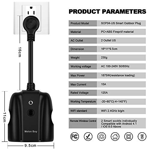 Outdoor Smart Plug - WiFi Outlet with 2 Sockets,Compatible with Alexa,Google Home,Remote Control/Timer by Smartphone,IP44 Weatherproof,FCC/RoHS Certified