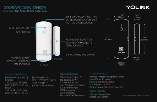 Smart Window Door Sensor, YoLink 1/4 Mile Long Range Wireless Door Sensor Works with Alexa IFTTT, Smartphone Monitoring App Alerts Open Reminder, Alexa, IFTTT, Home Assistant, YoLink Hub Required