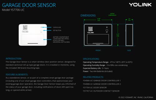 Garage Door Kit, YoLink 1/4 Mile World's Longest Range Garage Door Sensor and Controller Compatible with Alexa IFTTT, Garage Door Opener App Remote Control Open Close Notification, YoLink Hub Required