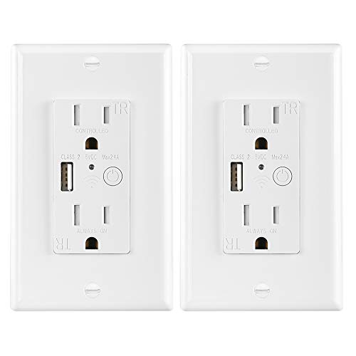 Tuya APP Smart WiFi Outlet with USB Port, 5V 2.4A USB Charger Outlet Compatible with Alexa, Google Assistant, ETL&FCC Listed, KS-15T/WU, White (2 Pack)