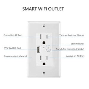 Tuya APP Smart WiFi Outlet with USB Port, 5V 2.4A USB Charger Outlet Compatible with Alexa, Google Assistant, ETL&FCC Listed, KS-15T/WU, White (2 Pack)