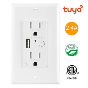 Tuya APP Smart WiFi Outlet with USB Port, 5V 2.4A USB Charger Outlet Compatible with Alexa, Google Assistant, ETL&FCC Listed, KS-15T/WU, White (2 Pack)