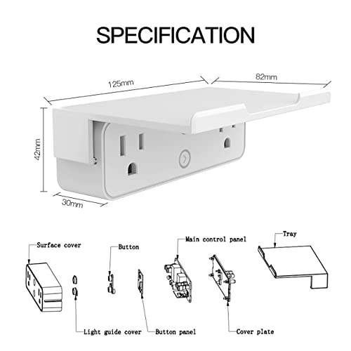 MOES WiFi Smart Outlet Extender Shelf Multi Outlets with 2AC Electrical Socket Splitter Wall Plug Expander with Nightlight Relay Status and Light Mode, 2x1000W, White Removable Shelf