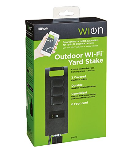 WiOn 50053 Outdoor Wi-Fi Plug-In Yard Stake With Smartphone Or Tablet Automation for up to 12 devices; 3 Grounded Outlets And 6 Foot Cord