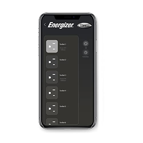 Energizer Connect 6 Outlet Smart Surge Protector, 1,200 Joules, Remote Access/Custom Schedules, Compatible with Alexa/Siri/Google Assistant, Low Profile Angled Plug with 3ft Cord, Connect to Your Wi-Fi