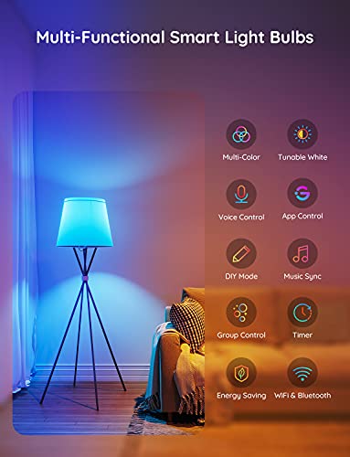 Govee Smart Light Bulbs, WiFi & Bluetooth LED Light Bulbs, RGBWW Color Changing Light Bulbs, 54 Dynamic Scenes, Music Sync, 16 Million DIY Colors Dimmable, Work with Alexa & Google Assistant, 2 Pack