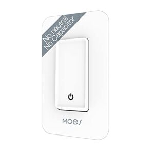 moes wifi smart light switch no neutral wire, no capacitor, no hub required single live wire push button, tuya smart life app remote control work with alexa and google home, white minimum 7w