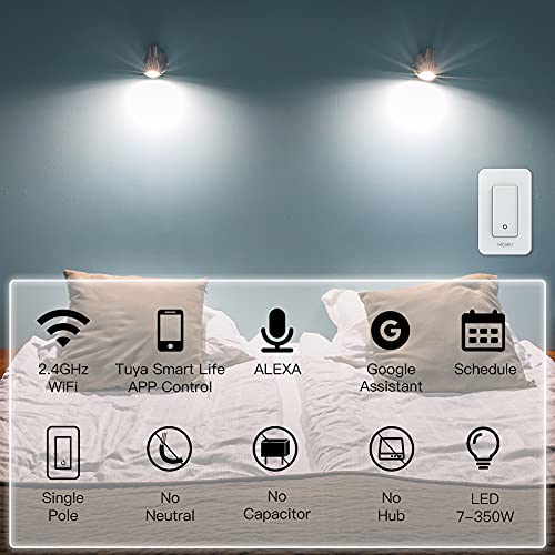 MOES WiFi Smart Light Switch No Neutral Wire, No Capacitor, No hub Required Single Live Wire Push Button, Tuya Smart Life App Remote Control Work with Alexa and Google Home, White Minimum 7W