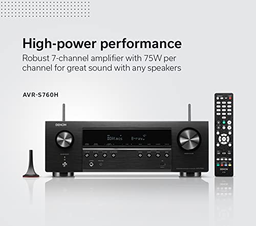 Denon AVR-S760H 7.2 Ch AVR - 75 W/Ch (2021 Model), Advanced 8K Upscaling, Dolby Atmos Height Virtualization, DTS Virtual:X & More, Wireless Streaming, Built-in HEOS, Amazon Alexa Voice Control